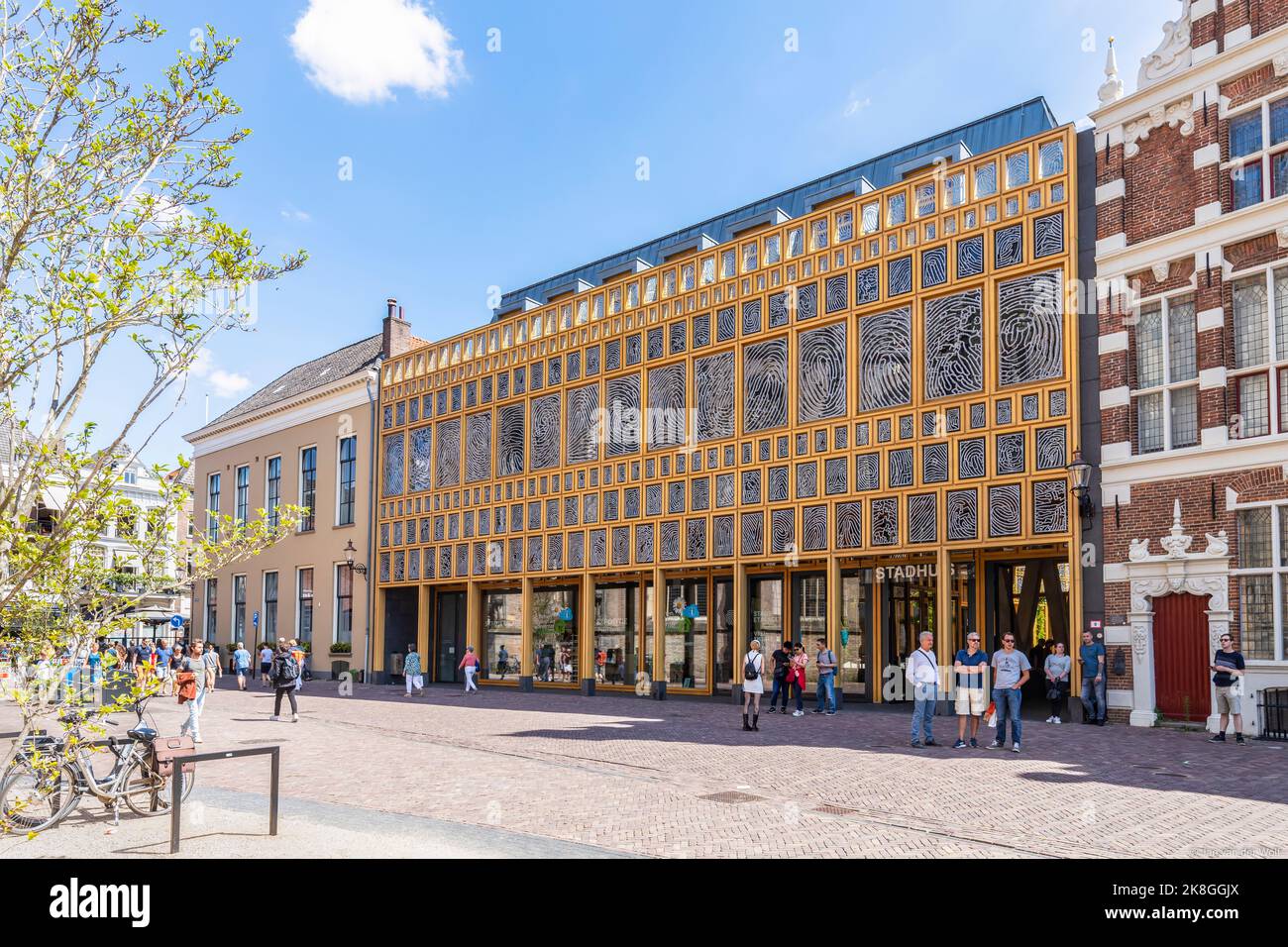 New town hall with fingerprints in the facade in the center of the old ...