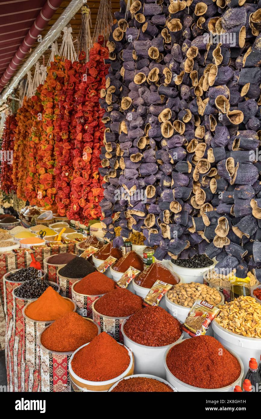 Spices and dried vegetables on a traditional turkish food market in ...