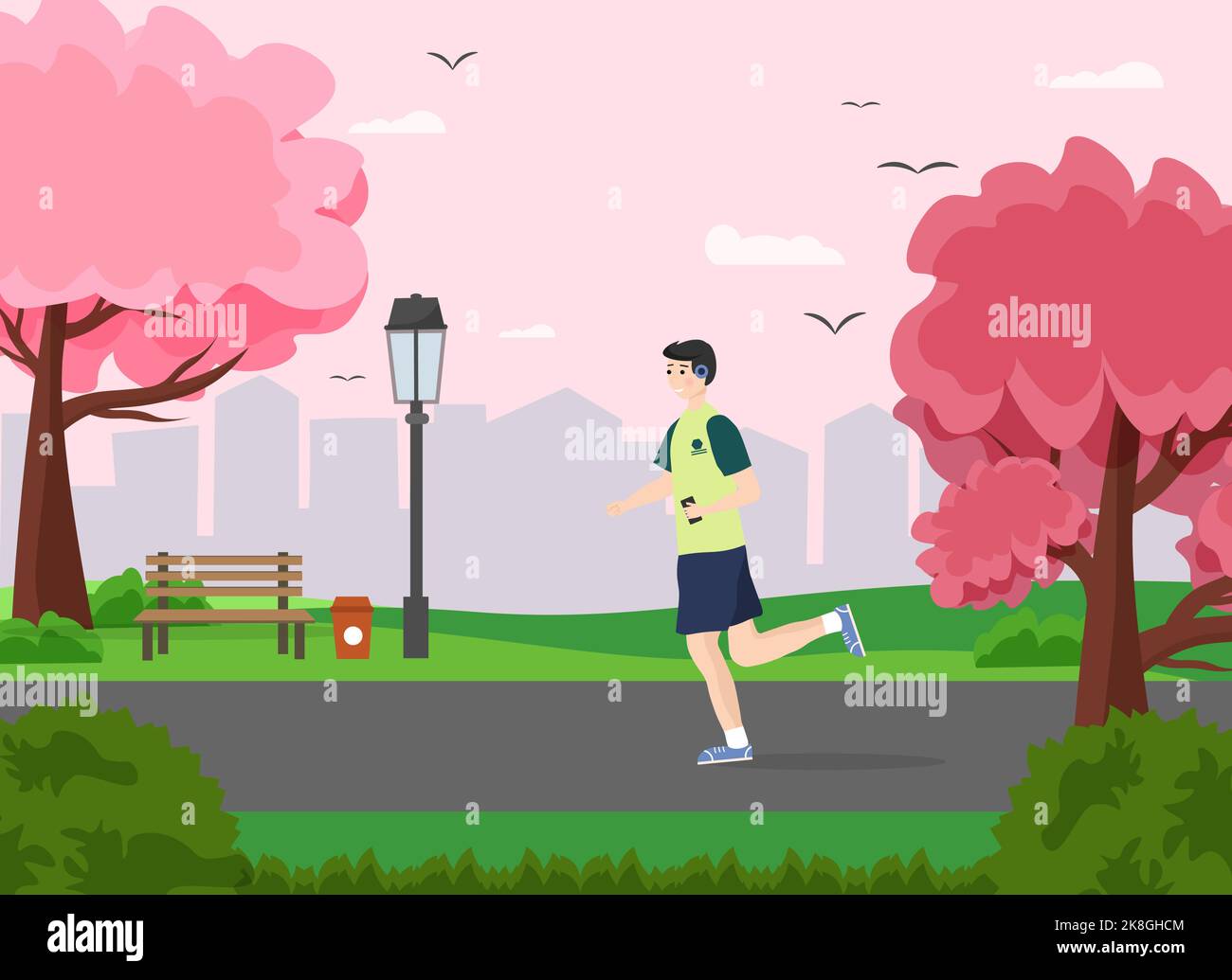 A man jogging in the morning in a city park. Vector drawing. For prints ...