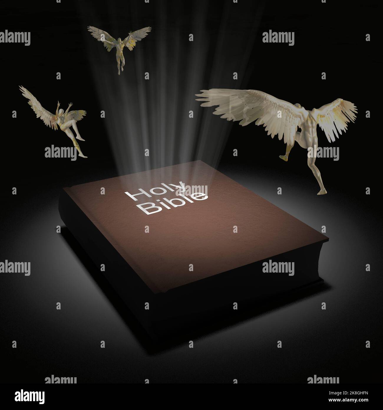 Winged angels fly over the Holy Bible. 3D rendering Stock Photo - Alamy