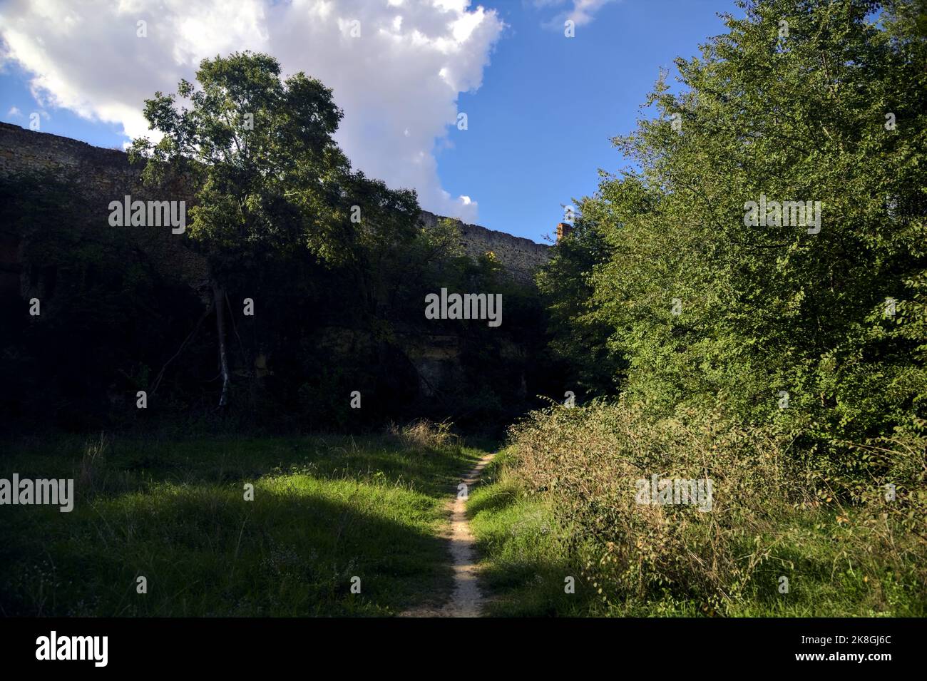 Trail in an open space between a fortification wall and the trees of a ...
