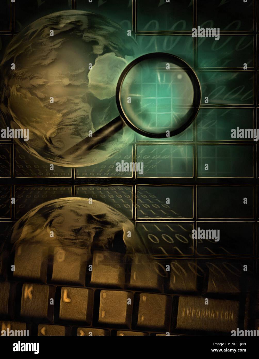 Finding information. Magnifier and keyboard over the Earth. Binary code ...