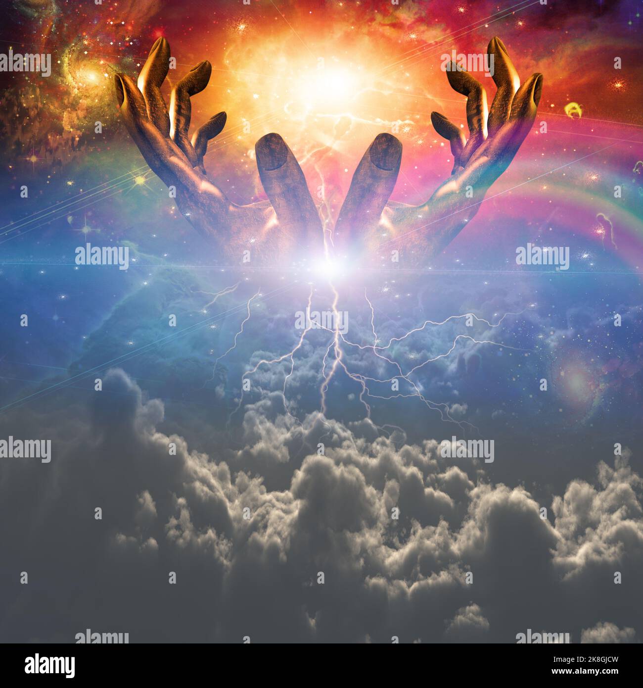 Surrealism. Hands of God in the sky. 3D rendering Stock Photo - Alamy