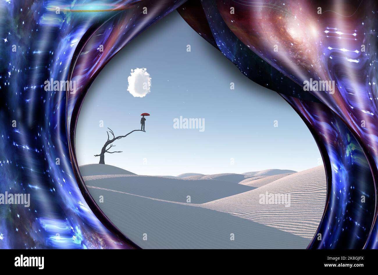 Surreal white desert. Man with red umbrella stands on a dry tree ...