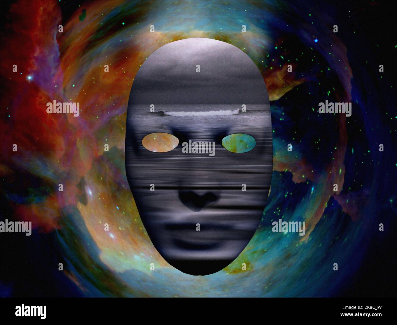 Mask with the image of seashore. Colorful universe on background. 3D ...