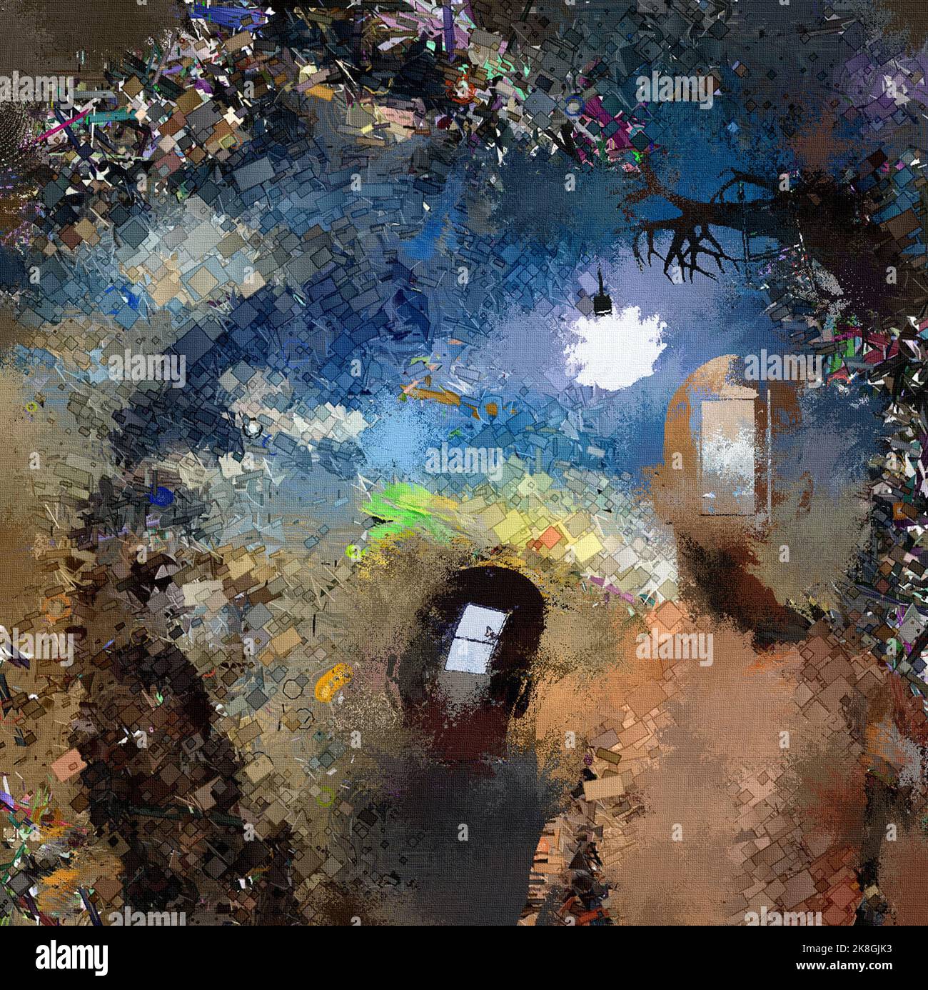 Abstract painting. Man's head with opened door to another world. 3D ...