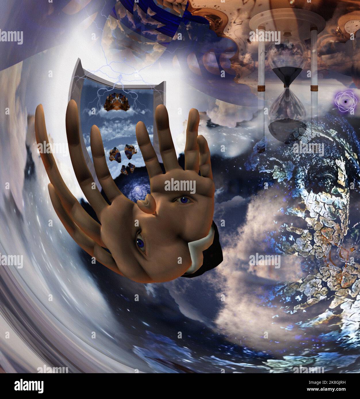 Surreal painting. Faceless man palm with eye. 3D rendering Stock Photo ...