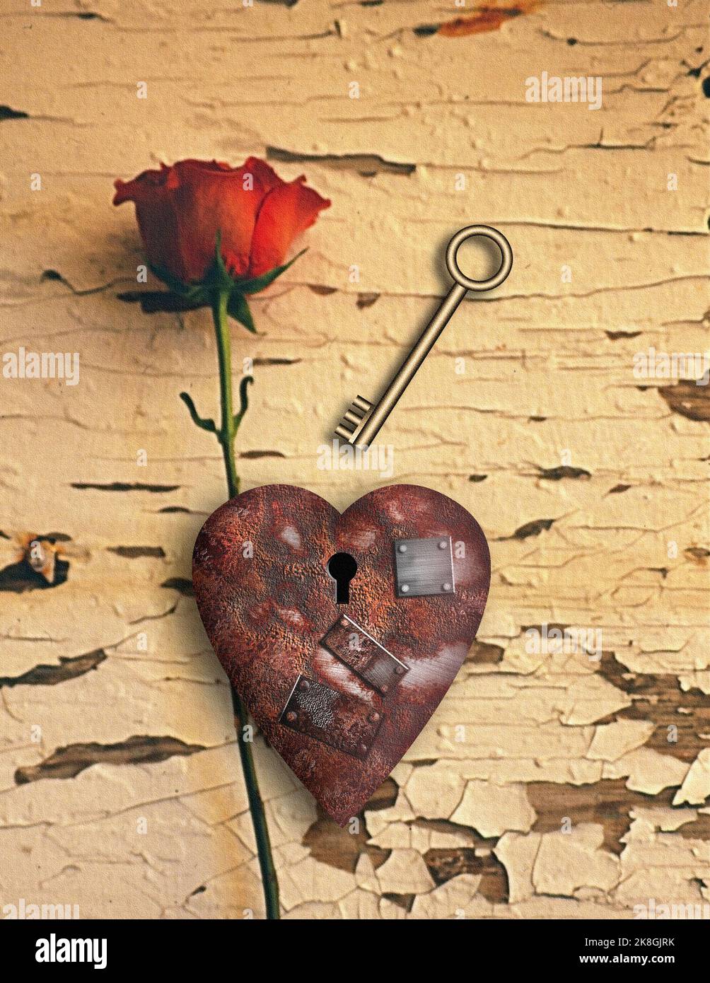 Red rose and rusted heart with metal patches and keyhole. Golden key ...