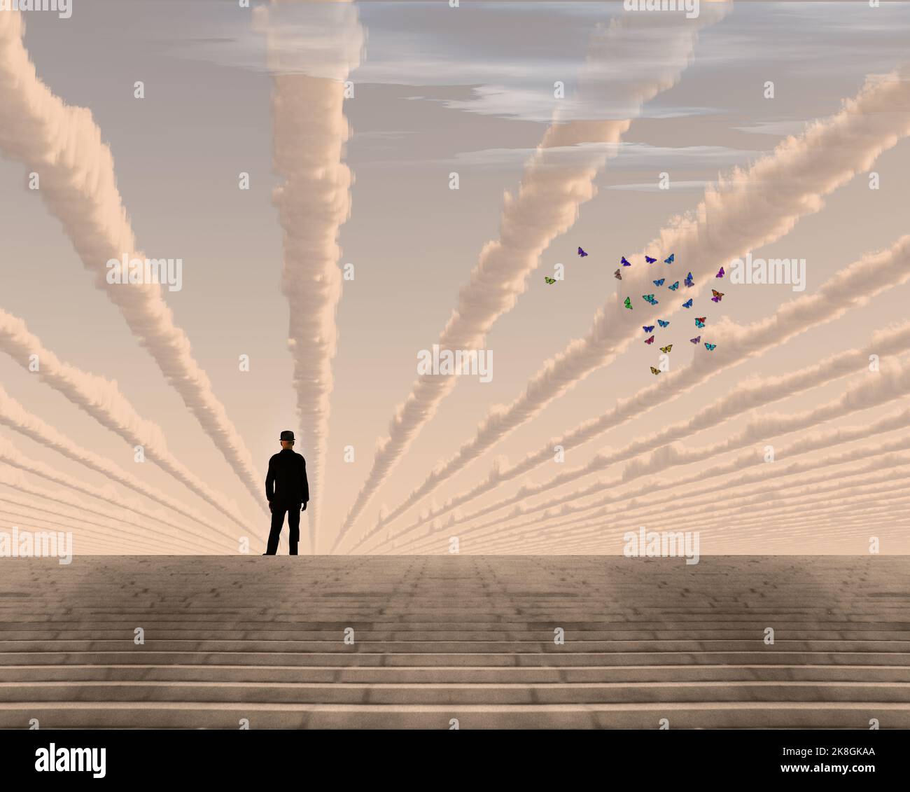 Man and surreal clouds. 3D rendering Stock Photo - Alamy
