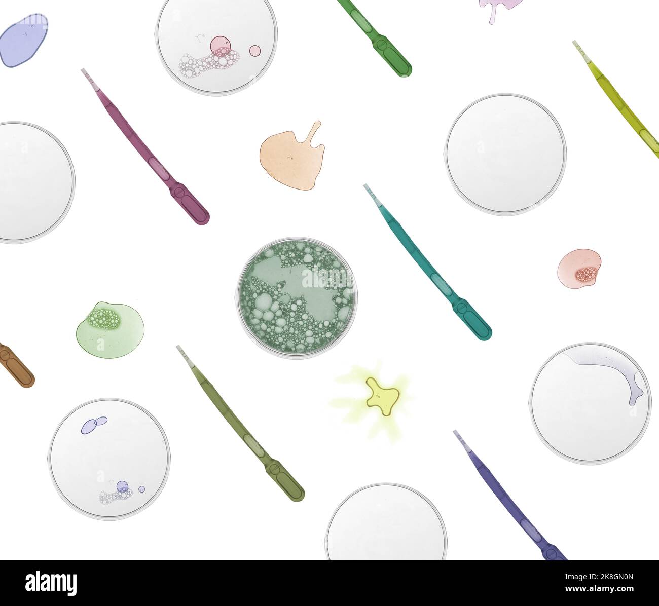 Top view of various colorful liquid laboratory samples with Petri ...