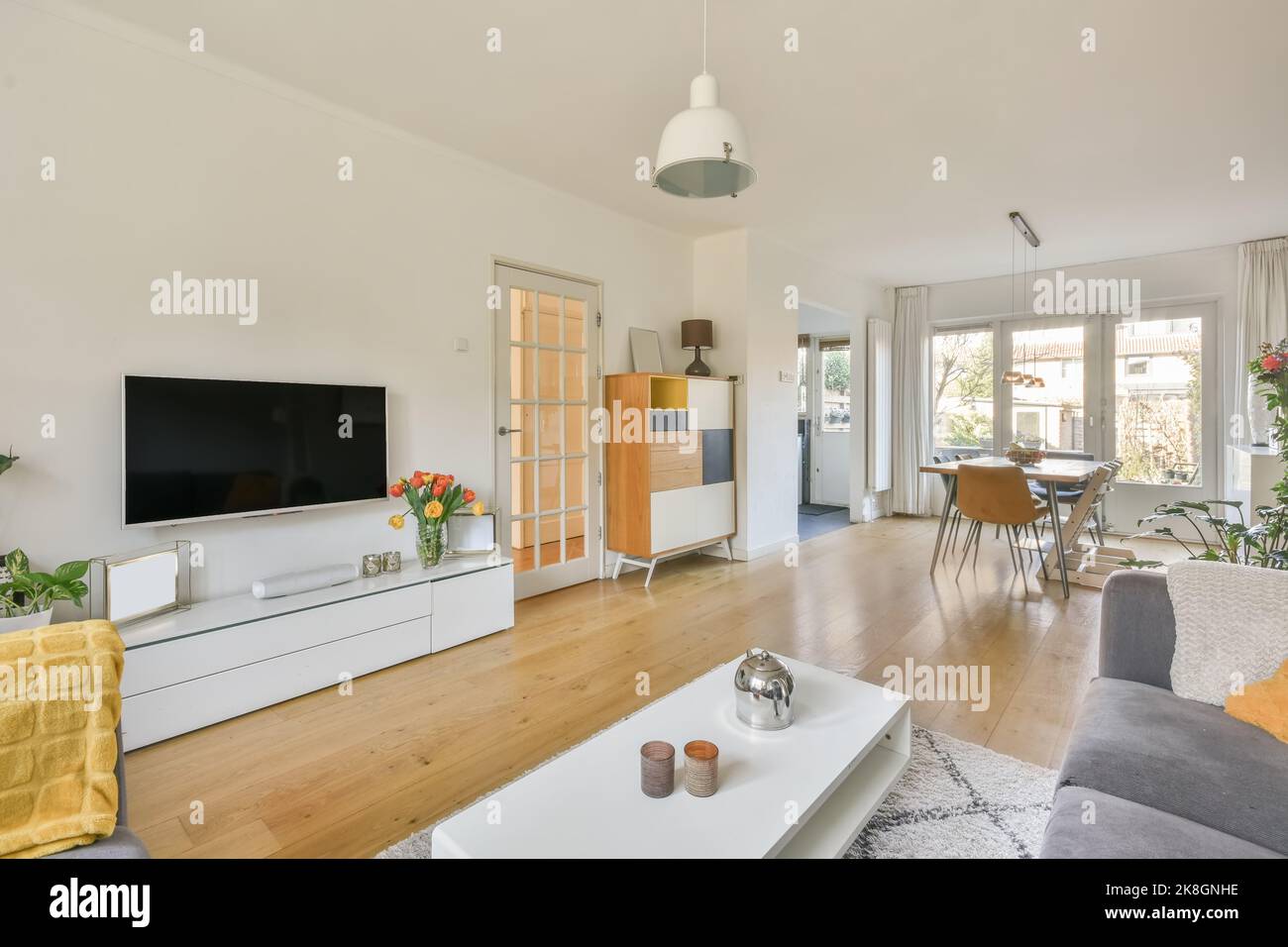 Comfortable soft sofa in spacious modern living room with tv set ...