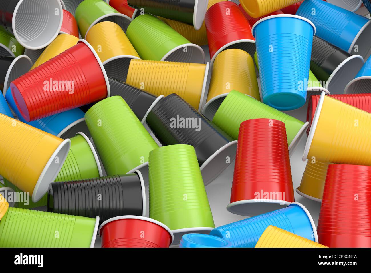 Heap of plastic disposable party cup isolated on white background. 3d ...