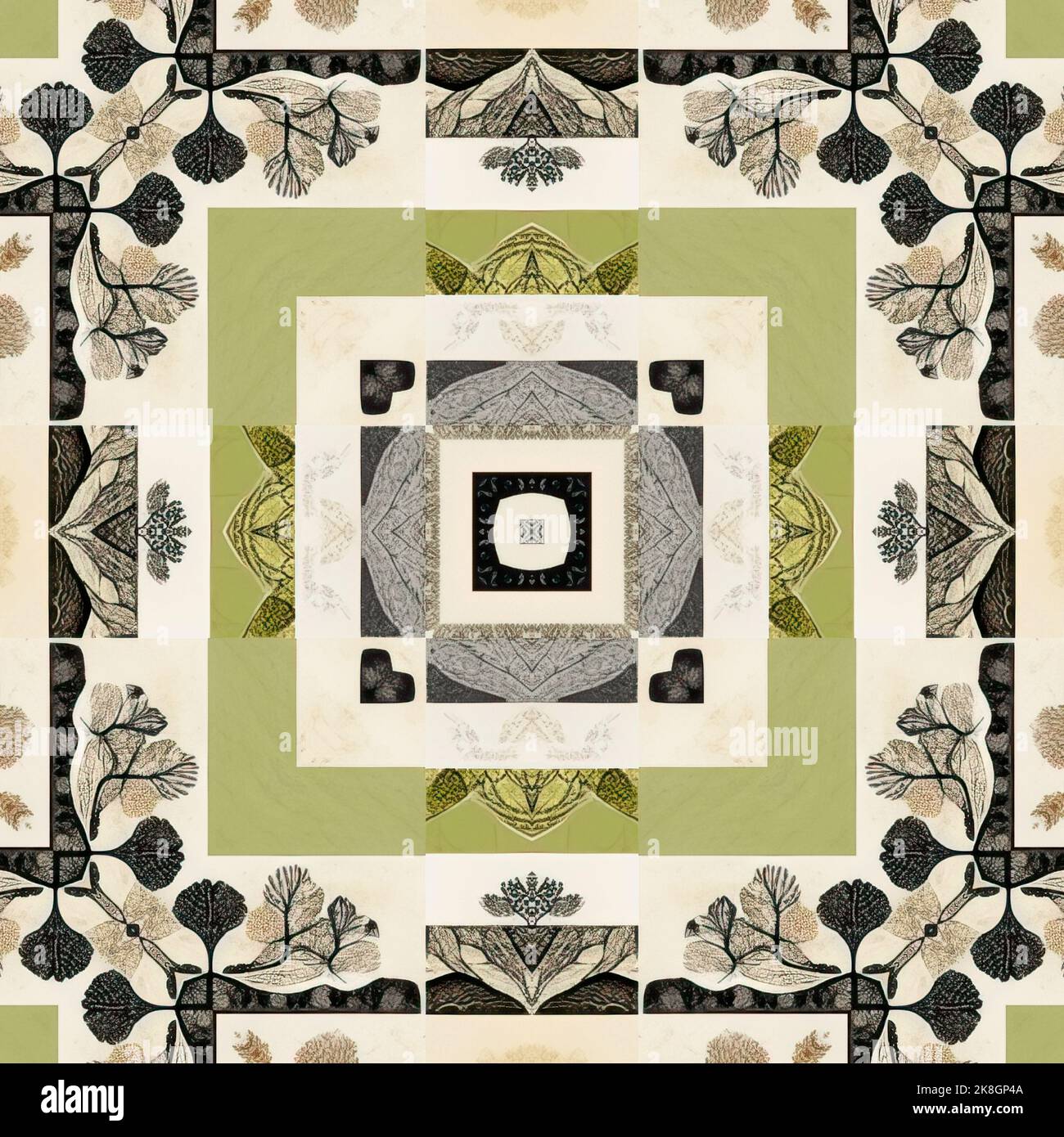 Forest green decorative damask seamless pattern. Geometric kaleidoscope ...