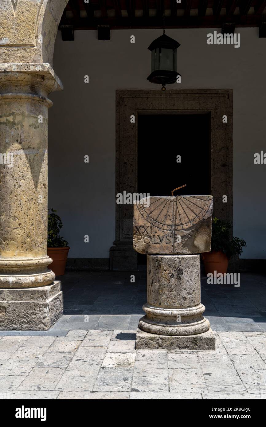 greek columns and a sundial inside a building, mexico guadalajara Stock ...