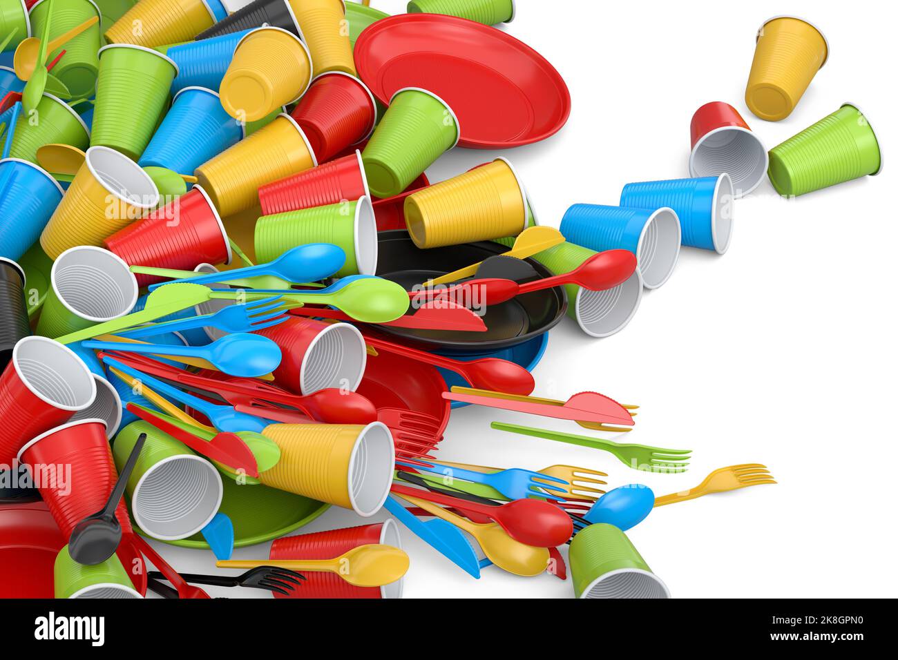 Heap of disposable utensils like plate, folk, spoon,knife and cup on ...