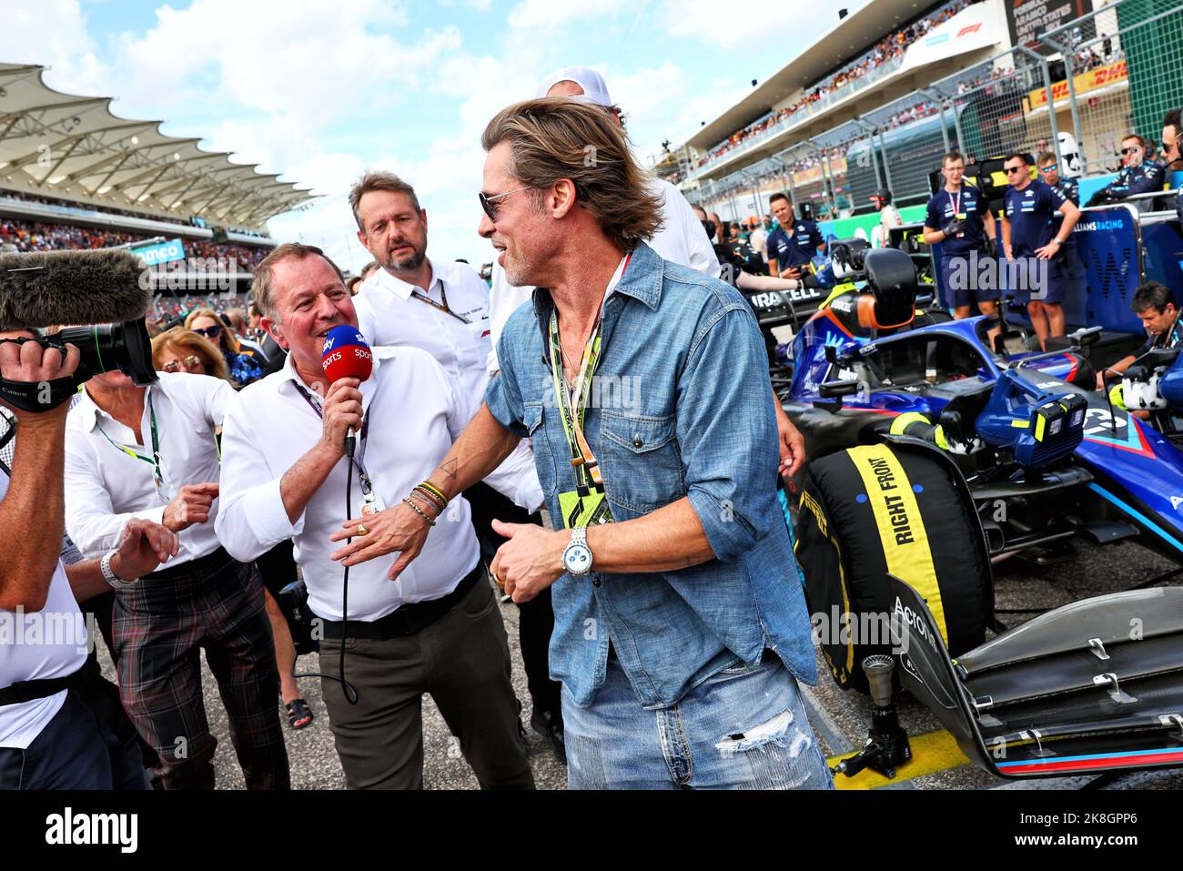 Brad Pitt (USA) Actor with Martin Brundle (GBR) Sky Sports Commentator ...