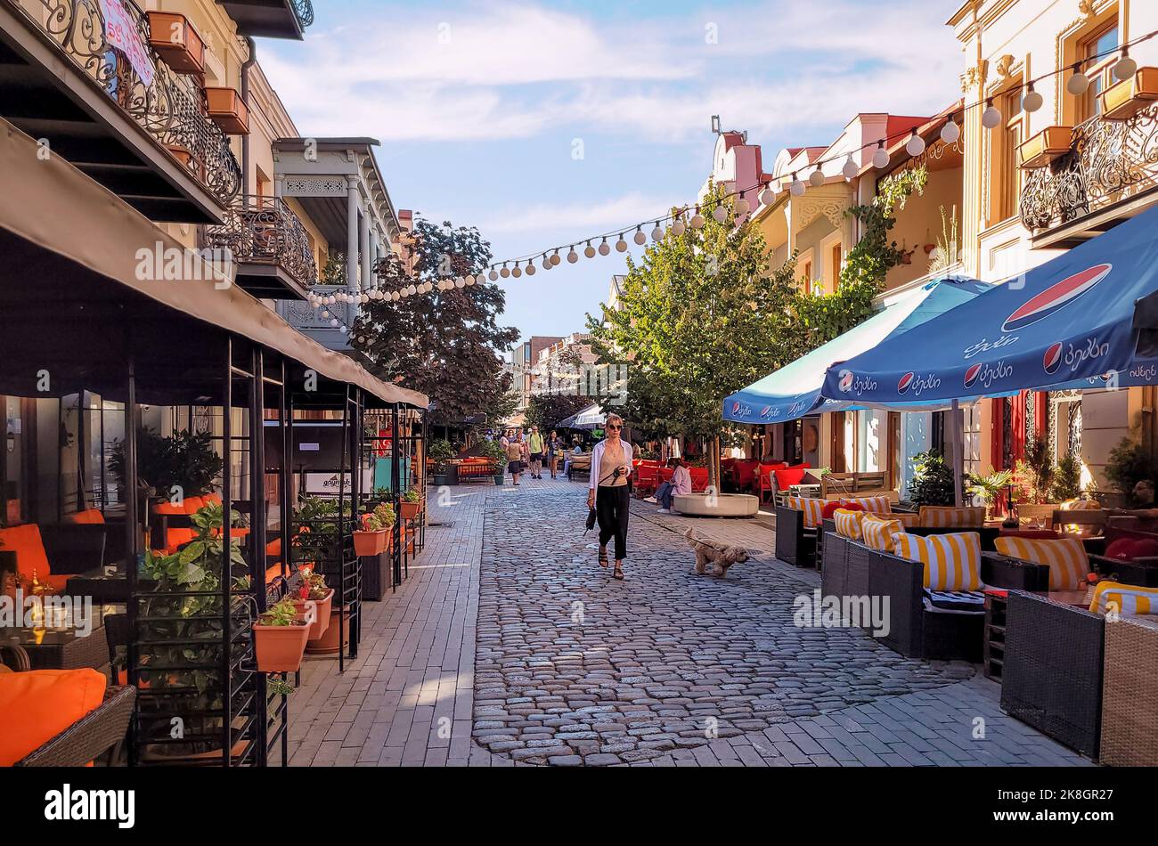 Tbilisi, Georgia - 07 23 2022: Young lady with a dog walking along ...