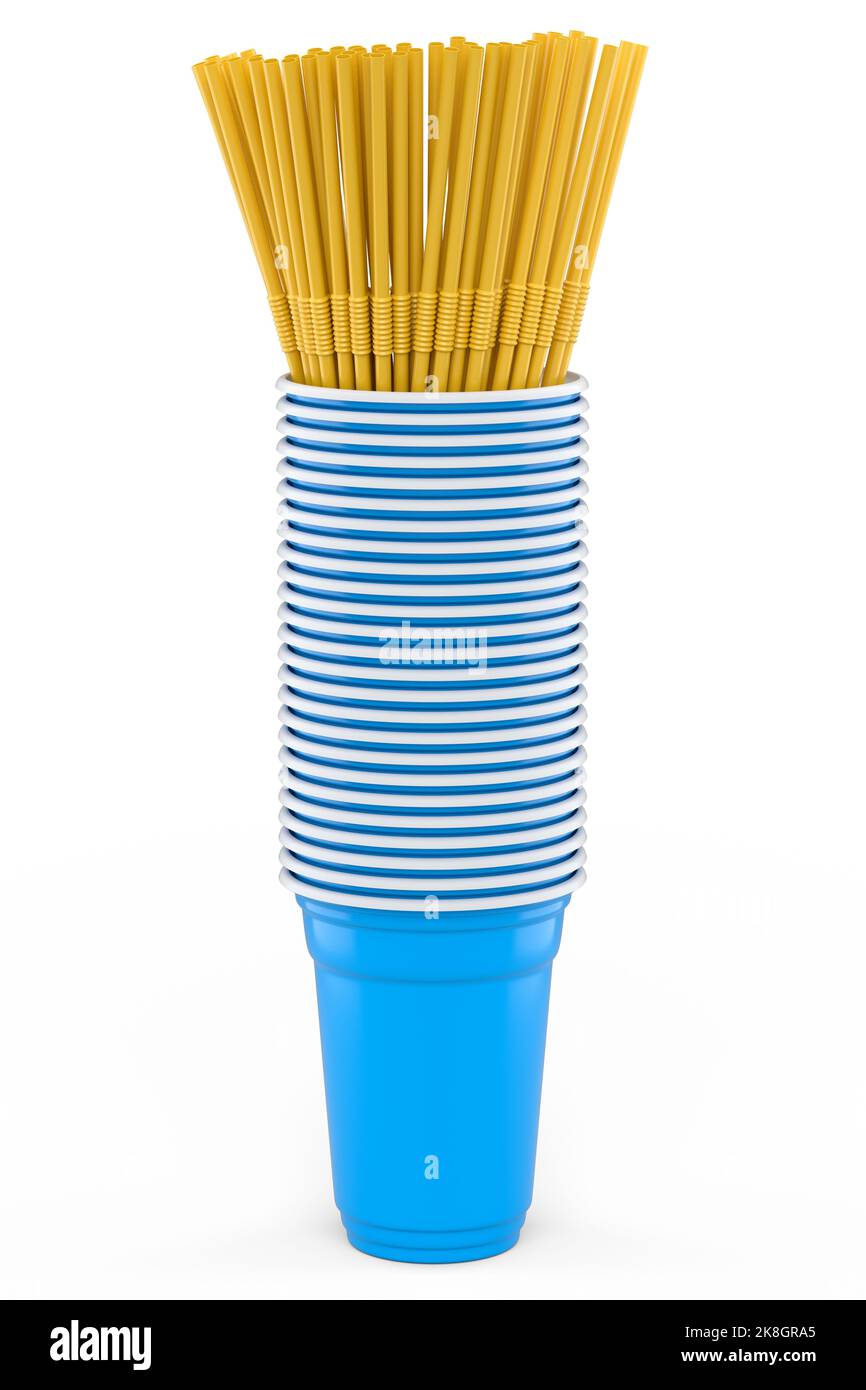 Set of plastic disposable party cups for coffee with heap straw on ...