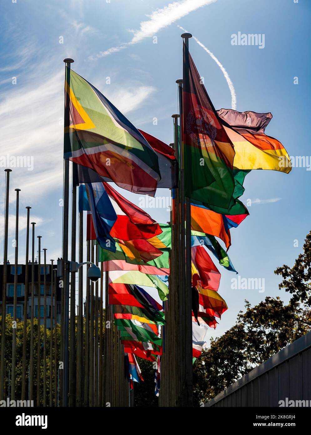 Flags fluttering in the wind in front of the UNESCO in Paris, France ...