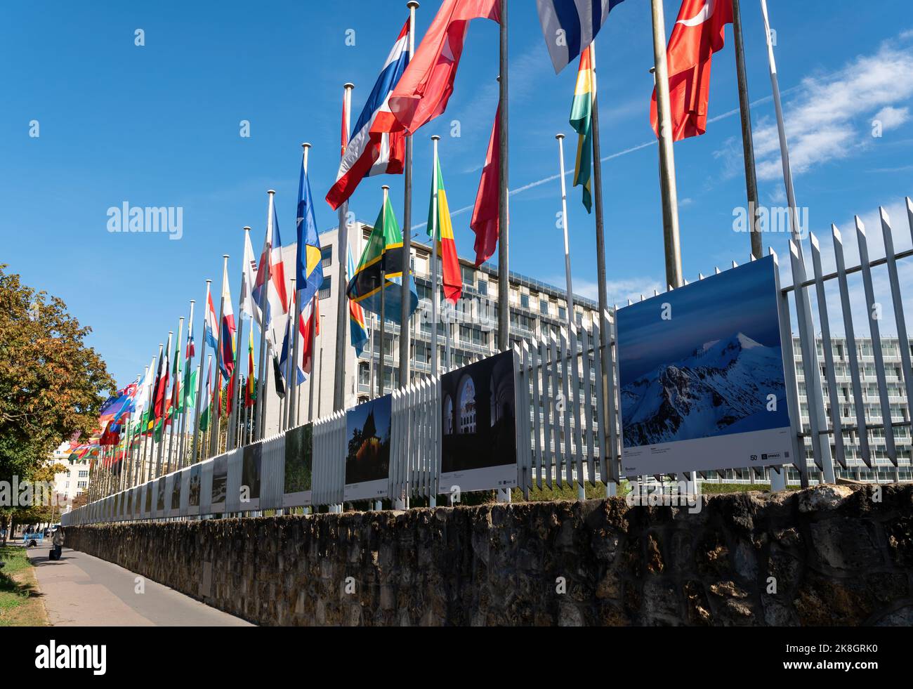 Flags fluttering in the wind in front of the UNESCO in Paris, France ...