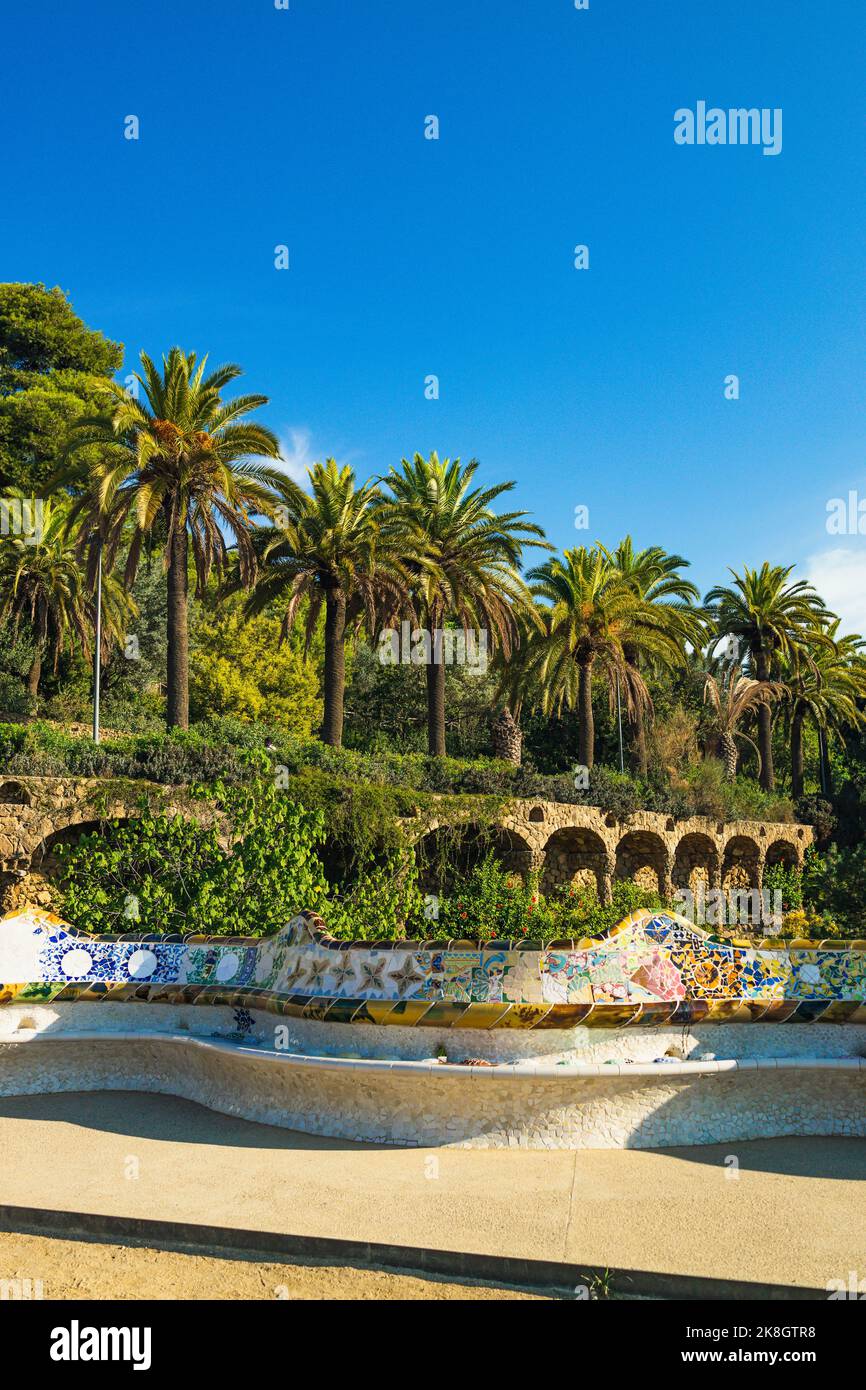 BARCELONA, SPAIN - October 13, 2022: Ceramic bench in the Park Guell ...