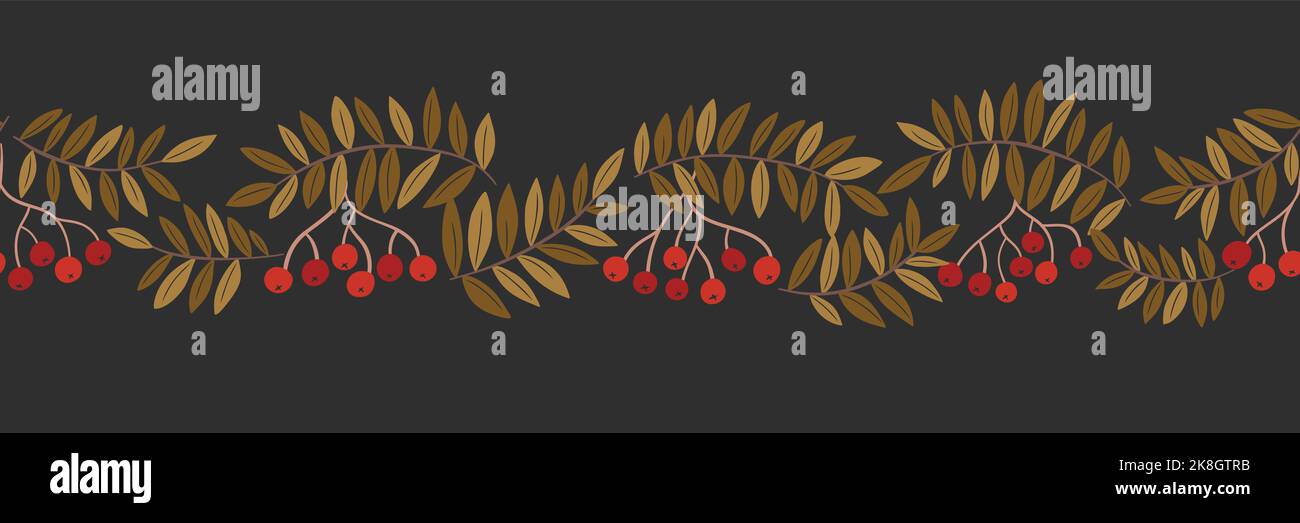 Colorful Fall Linocut Rowan Tree Foliage and Berries Vector Seamless ...