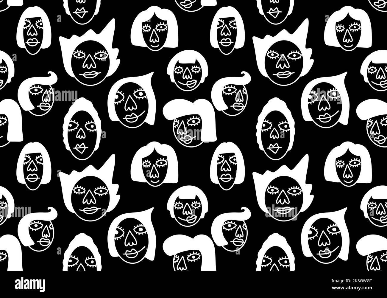 Cartoon women seamless character doodle face pattern for wrapping paper ...