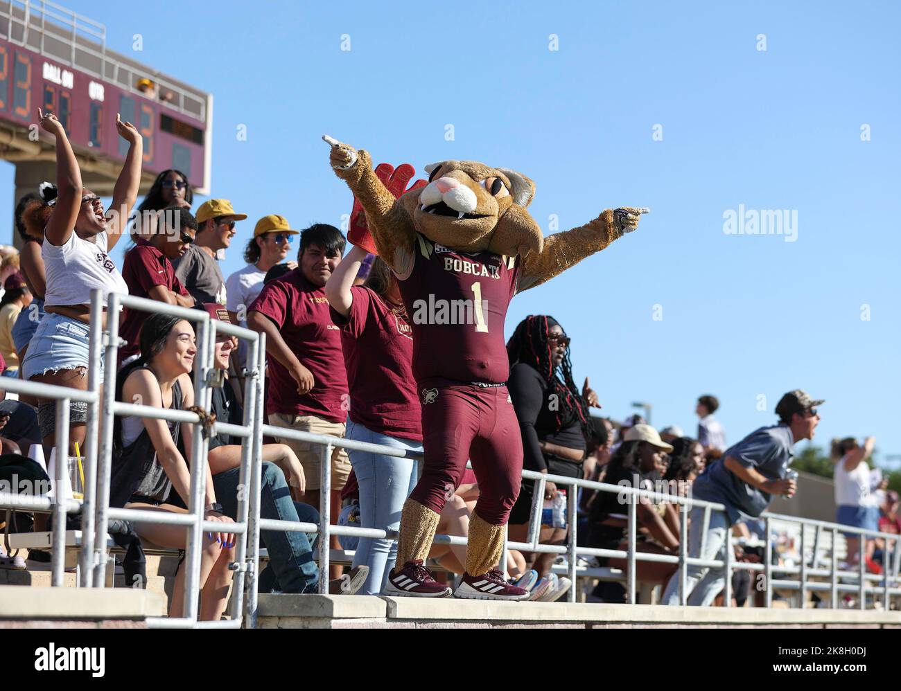 October 22, 2022: Texas State mascot Boko celebrates with fans after a ...