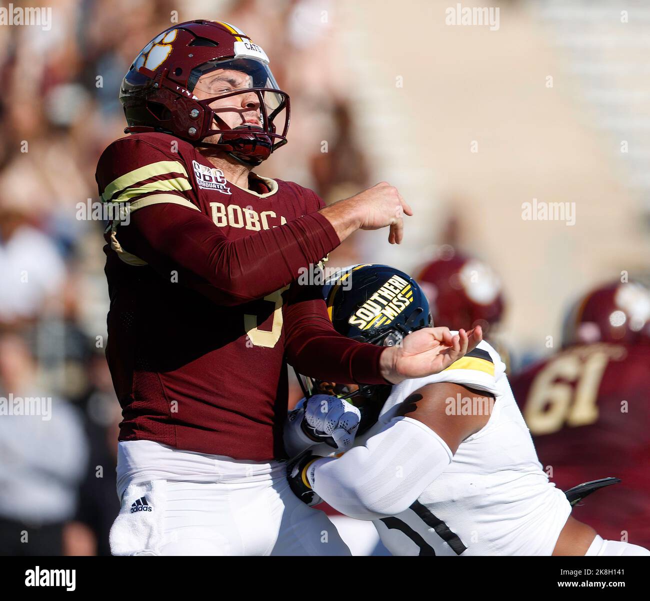 October 22, 2022: Texas State quarterback Layne Hatcher (3) is hit by ...