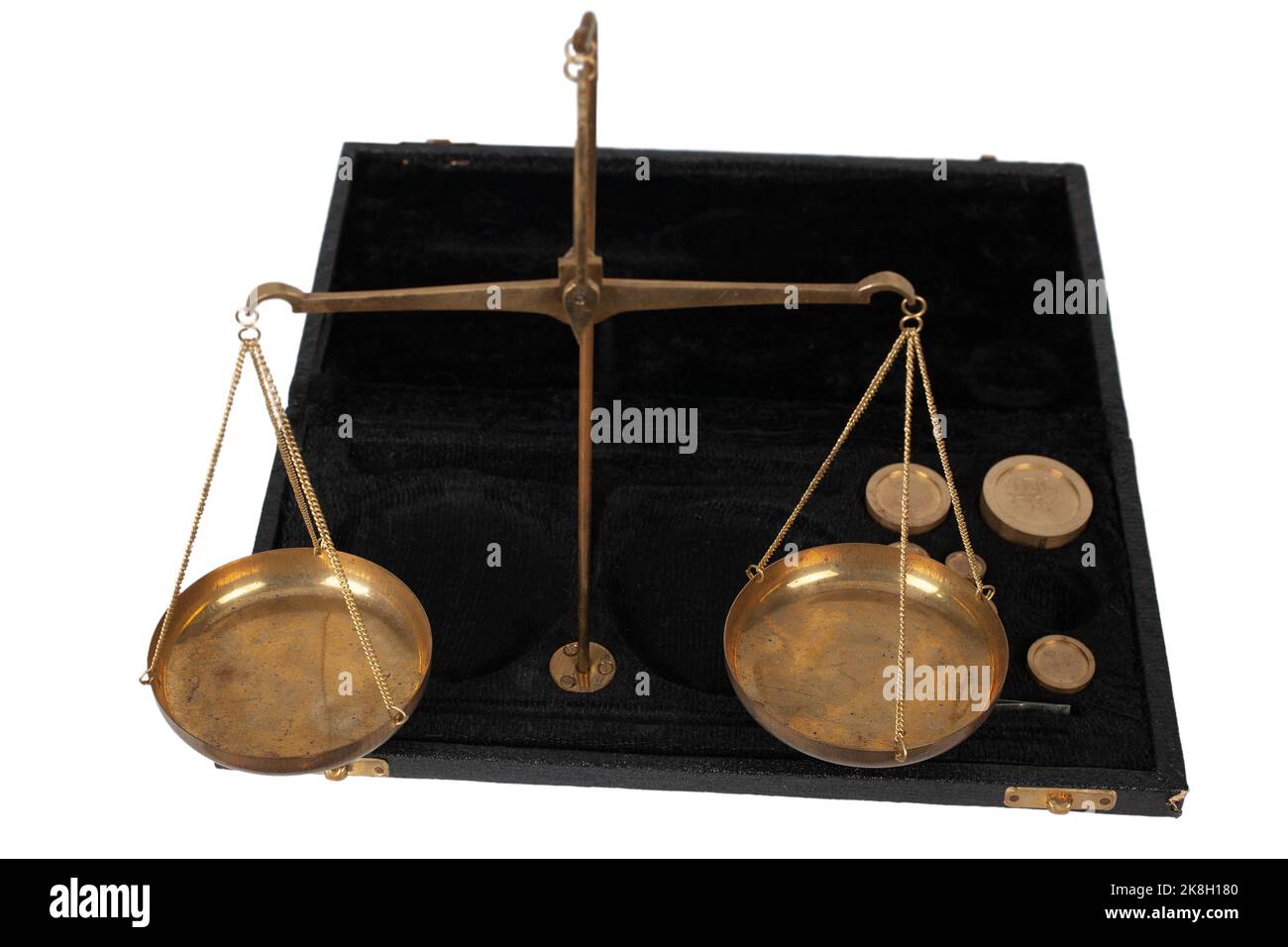 Bronze traditional balance scale set with weights in box Stock Photo ...