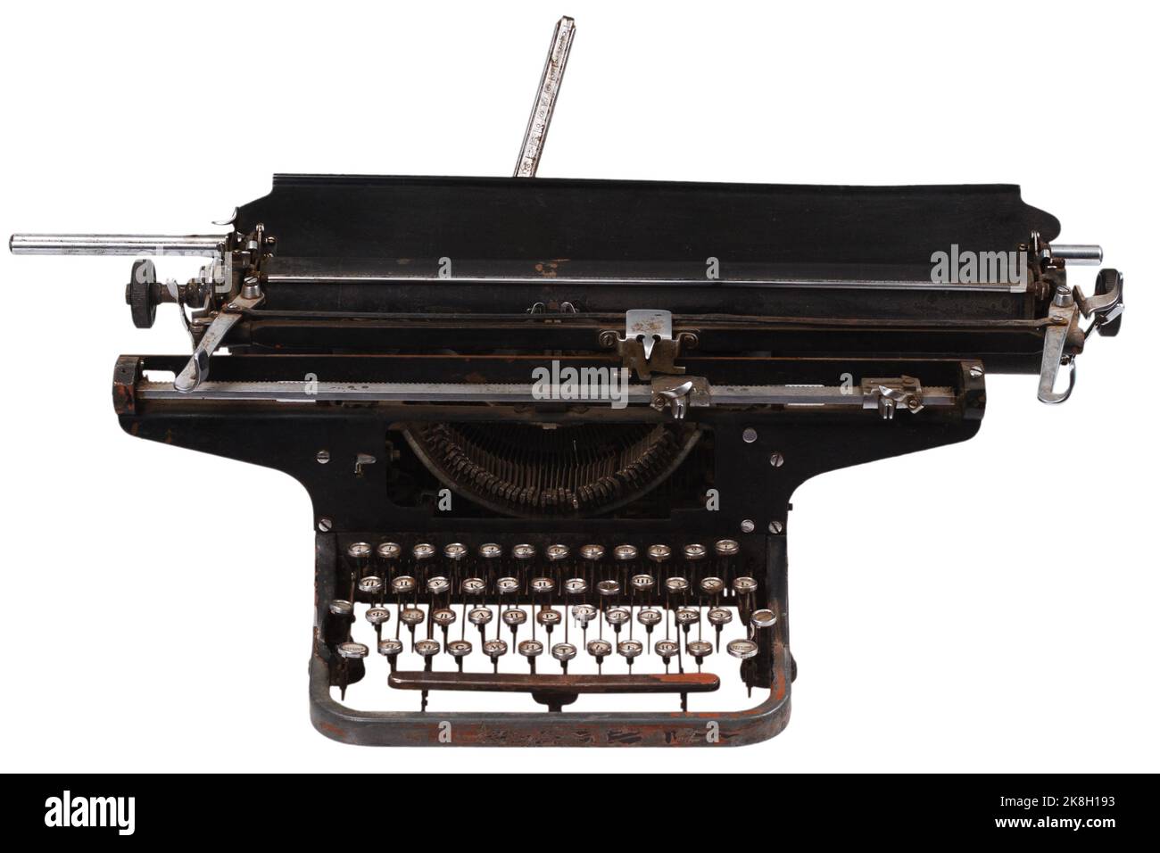 Old antique typewriter with russian keys isolated on white background ...