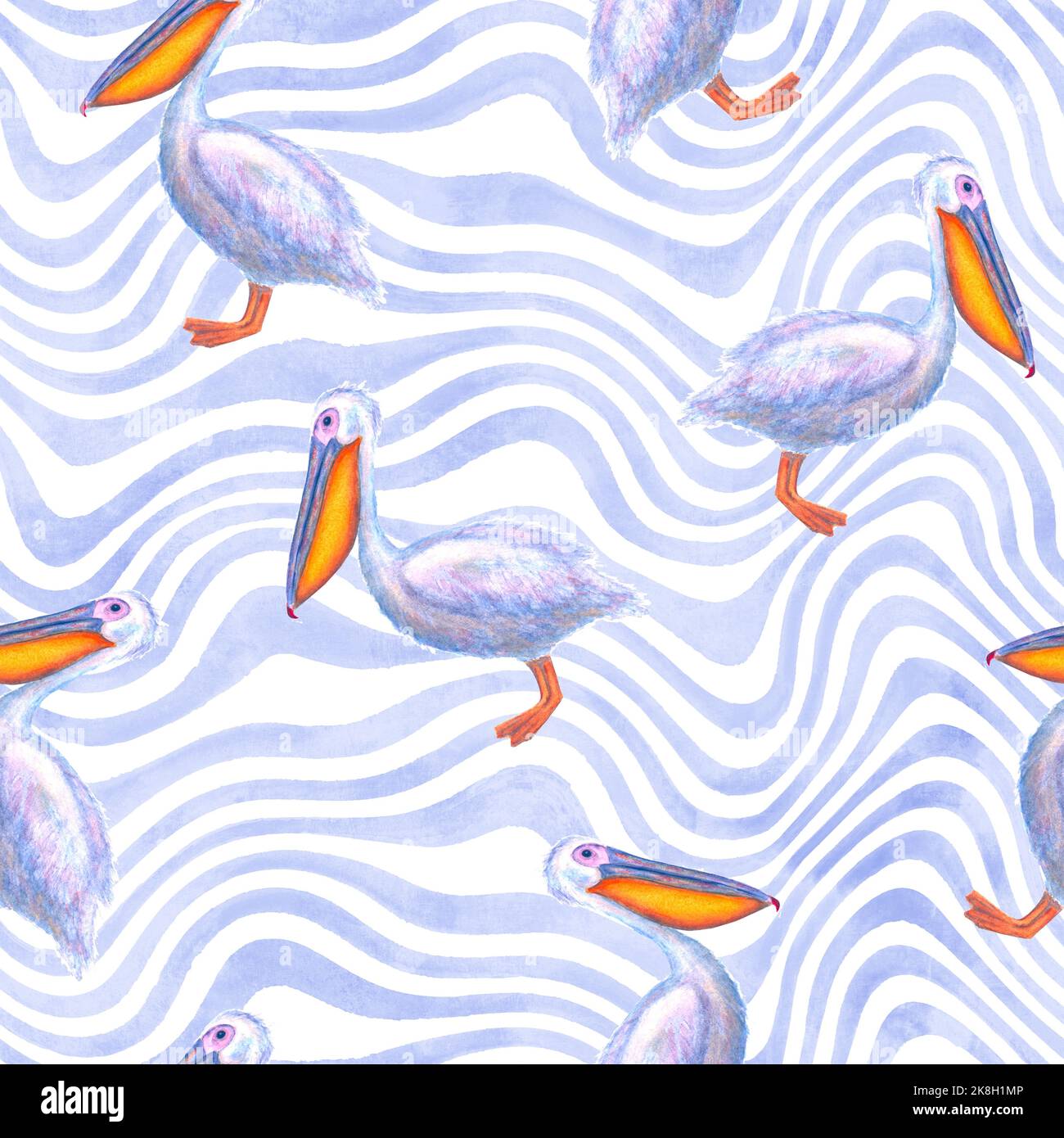 Watercolor white pelican seamless pattern. Hand drawn blue navy ...
