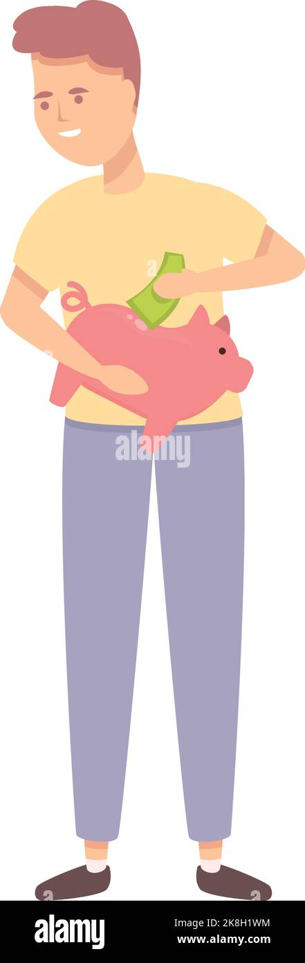 Boy put cash in piggy bank icon cartoon vector. Money kid. Children ...