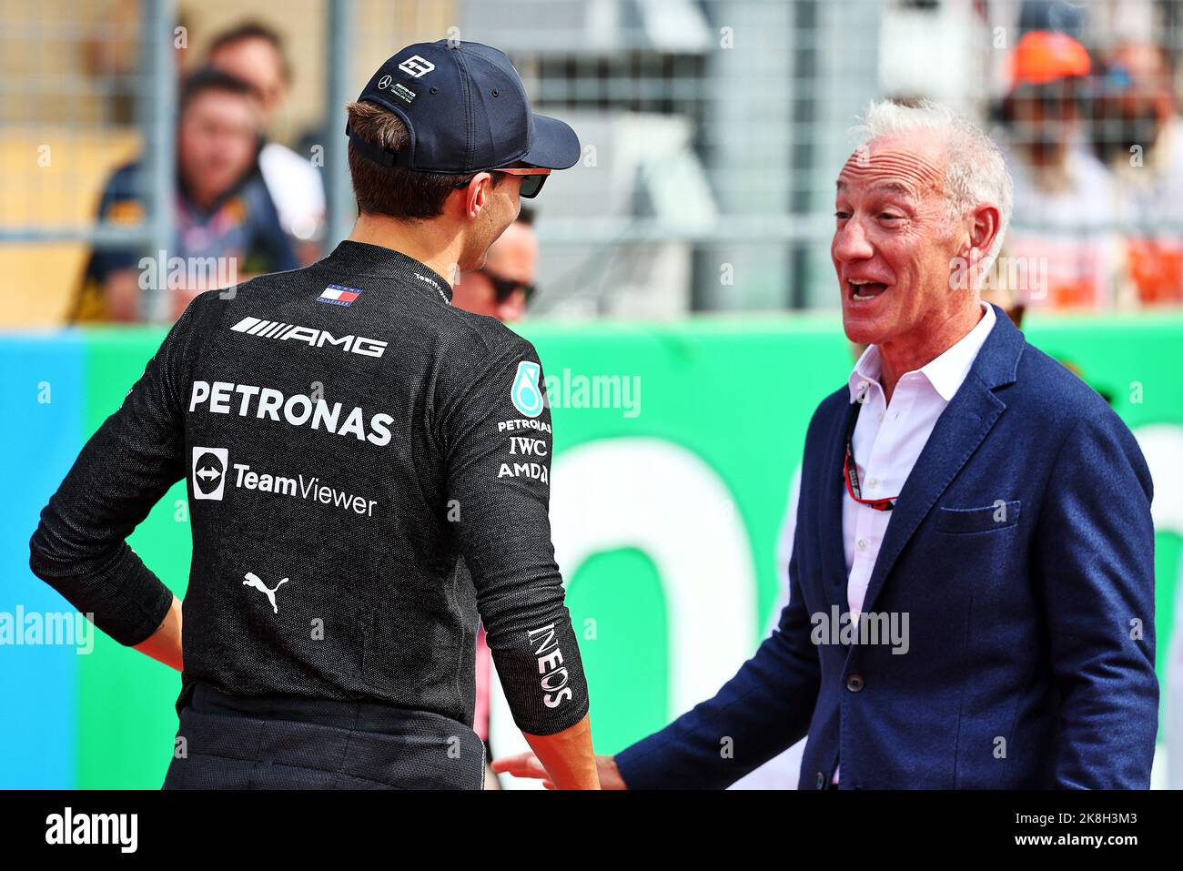 (L to R): George Russell (GBR) Mercedes AMG F1 with Greg Maffei (USA ...