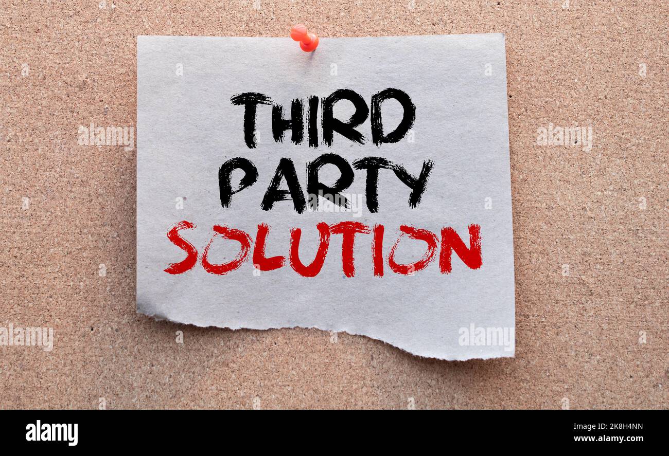 Closeup on businessman holding a card with THIRD PARTY SOLUTION message ...