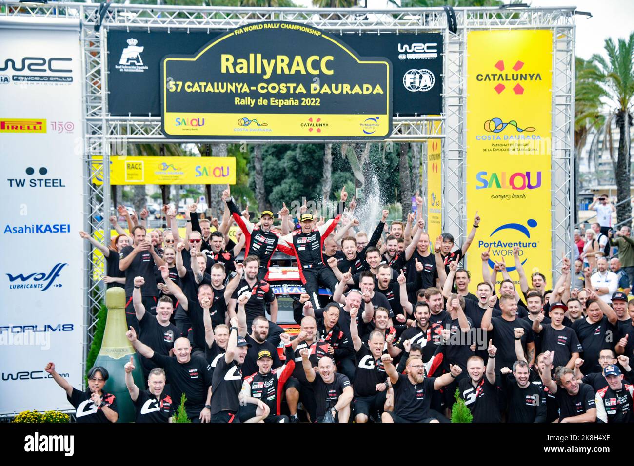 Celebrating the final Podium, Salou,Sebastien Ogier , Benjamin Veillas ...