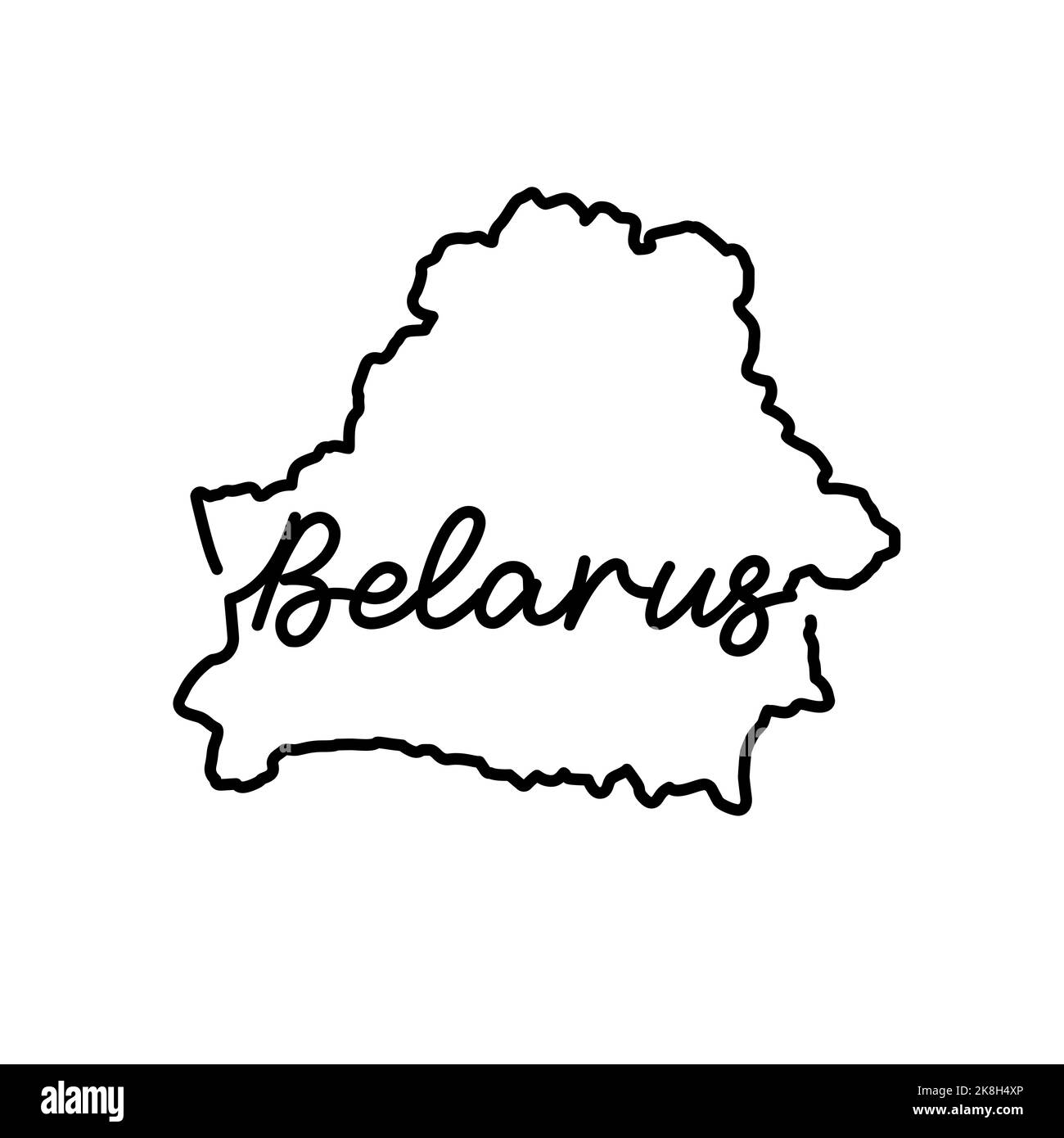 Belarus outline map with the handwritten country name. Continuous line ...