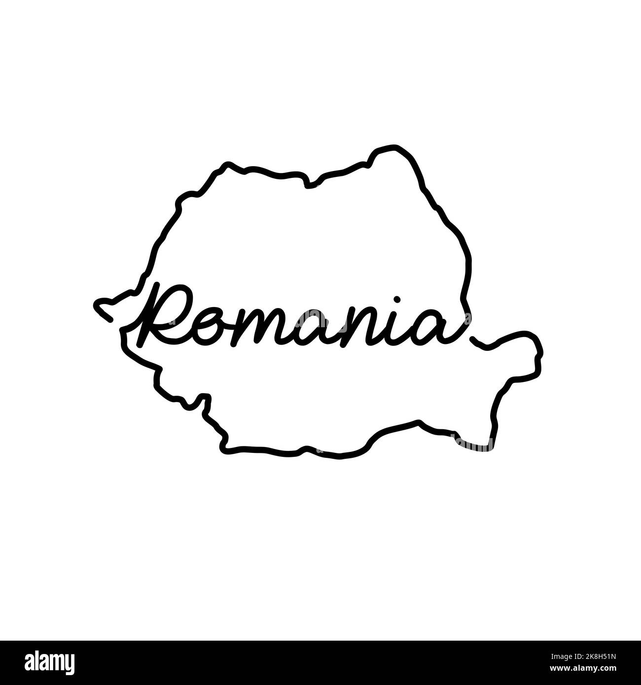 Romania outline map with the handwritten country name. Continuous line ...