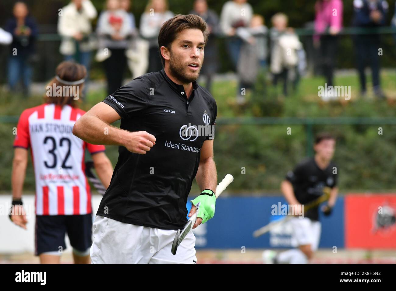 Racing's Cedric Charlier celebrates after scoring during a hockey game ...