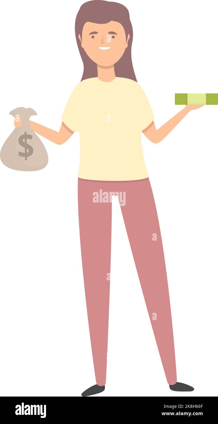 Girl take money bag icon cartoon vector. Kid finance. Future save Stock ...