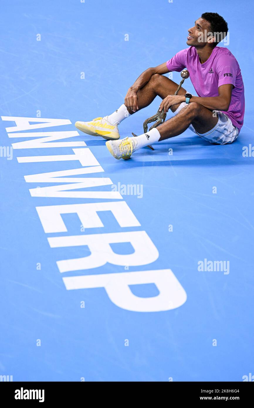 Canadian Felix Auger-Aliassime poses with his trophy after winning the men's singles final match ...