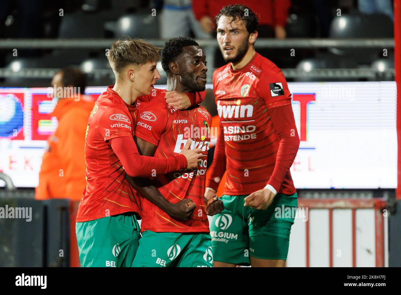Oostende's David Atanga celebrates after scoring during a soccer match ...