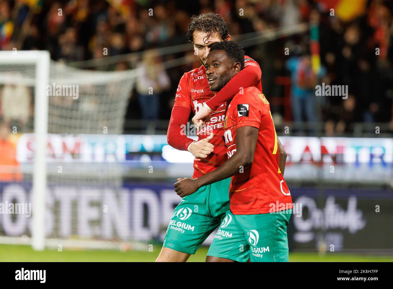 Oostende's David Atanga celebrates after scoring during a soccer match ...