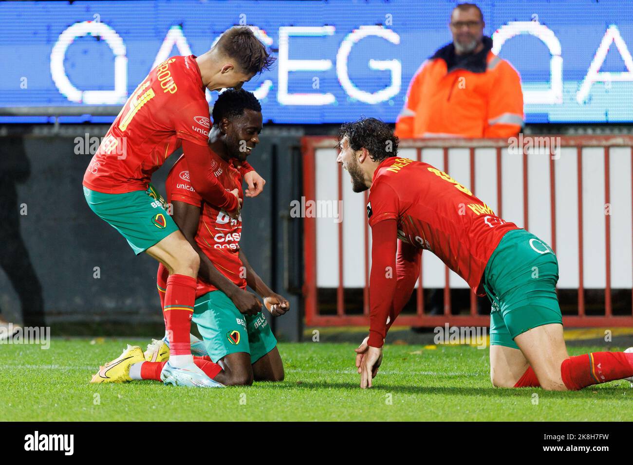 Oostende's David Atanga celebrates after scoring during a soccer match ...