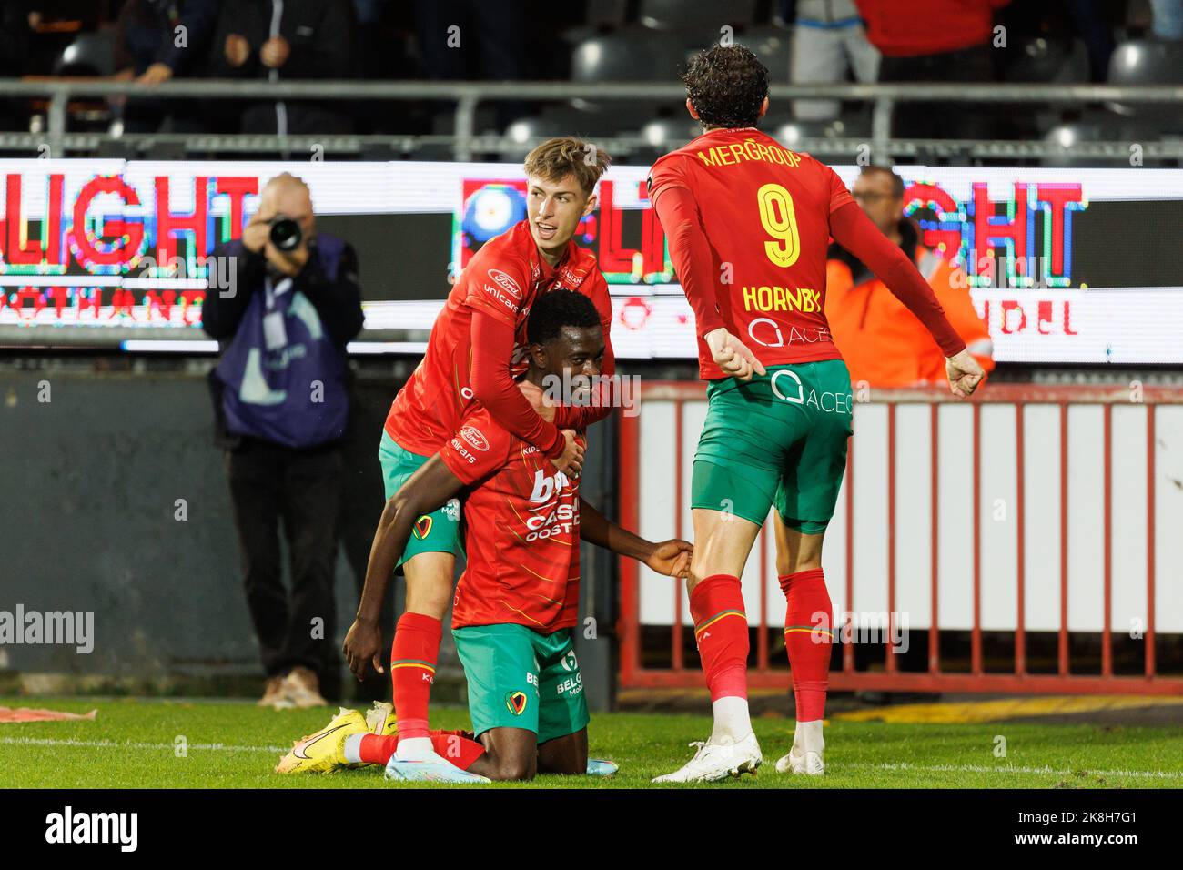 Oostende's David Atanga celebrates after scoring during a soccer match ...