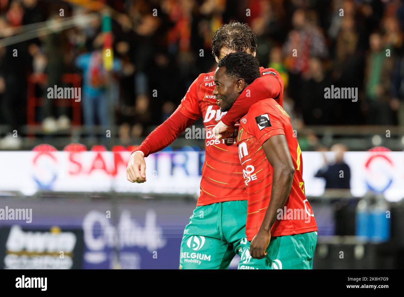 Oostende's David Atanga celebrates after scoring during a soccer match ...