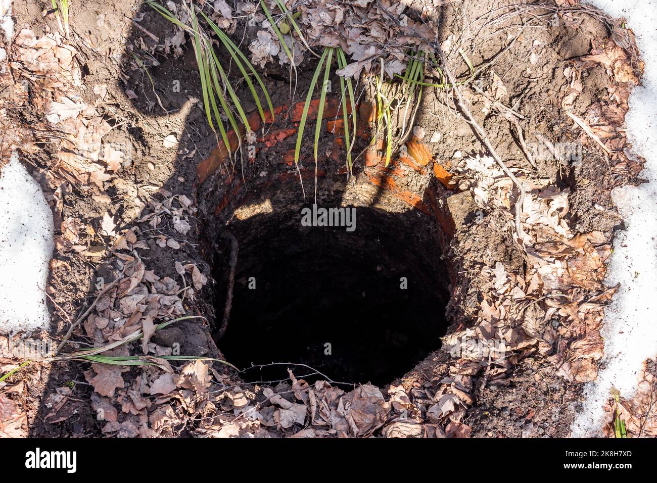 Unclosed old brick well, dangerous hole in the ground Stock Photo - Alamy