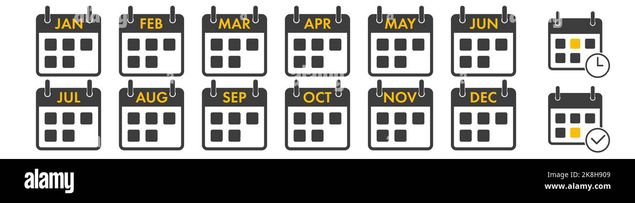 Yearly calendar icons set. All twelve months with names in abbreviated ...