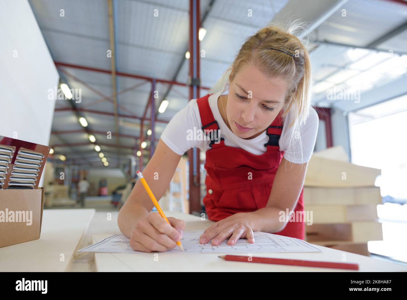 female worker on apron drawing blueprint Stock Photo - Alamy