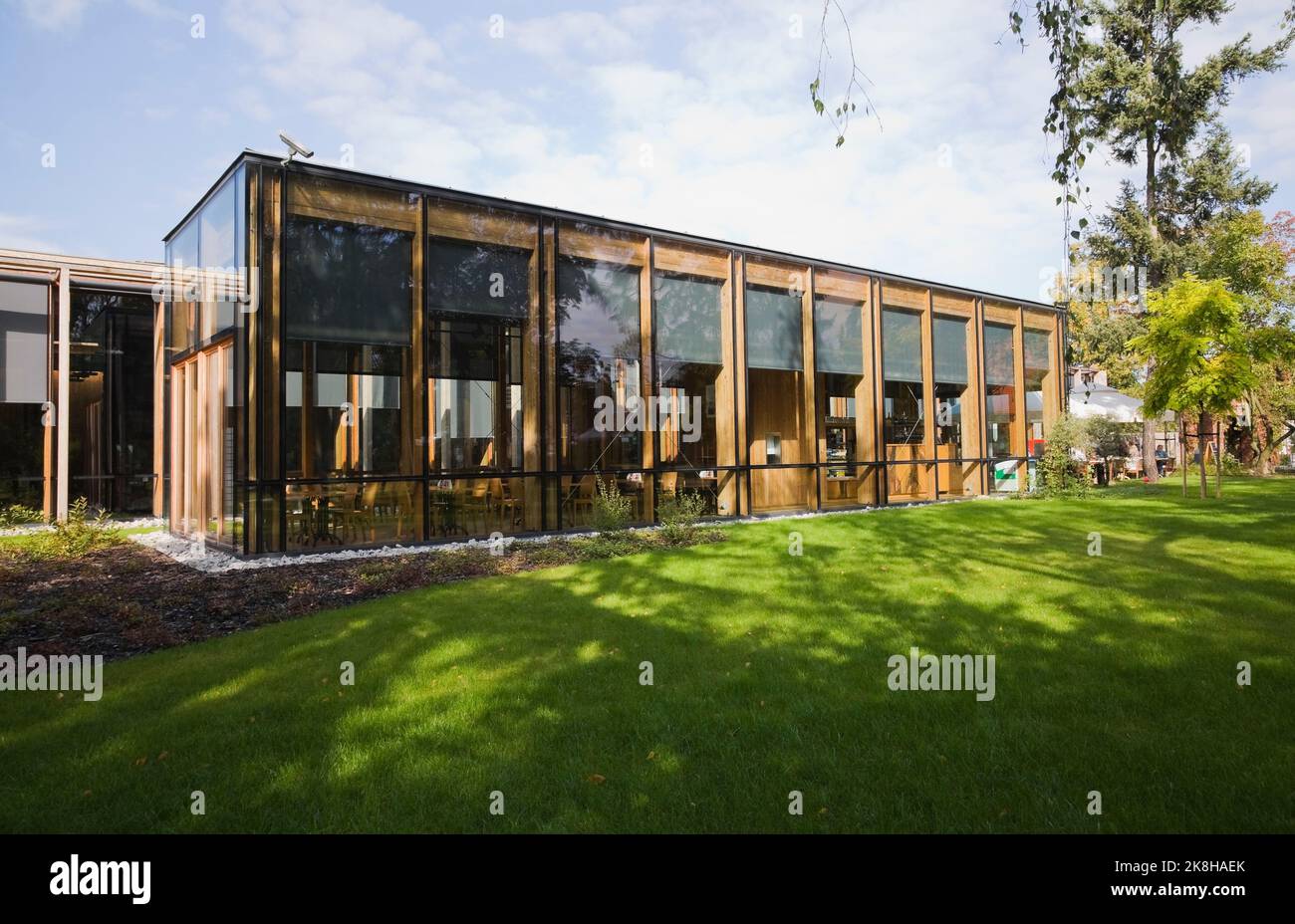Modern glass, wood and stone information center pavilion at the ...